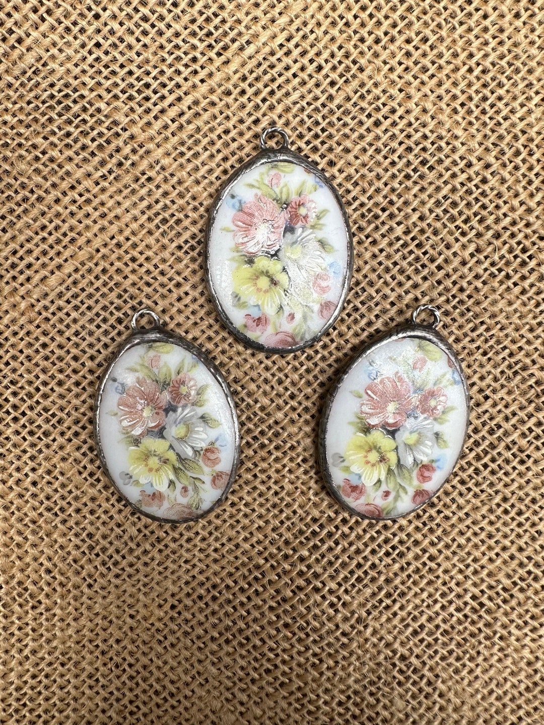 Antique Hand Painted Porcelain Floral Cabochons Hand Soldered Pendants ...