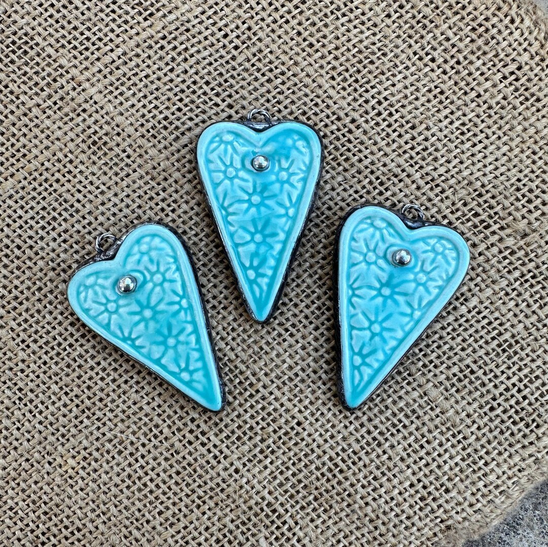 Hand Soldered Turquoise Blue Ceramic Heart Pendant Beaded Solder Rustic ...