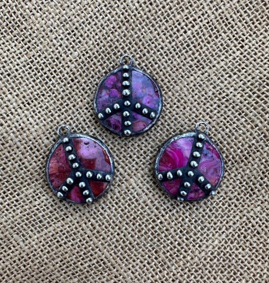 Beaded Peace Sign Soldered Crazy Lace Agate Pendant Magenta Hippie ...