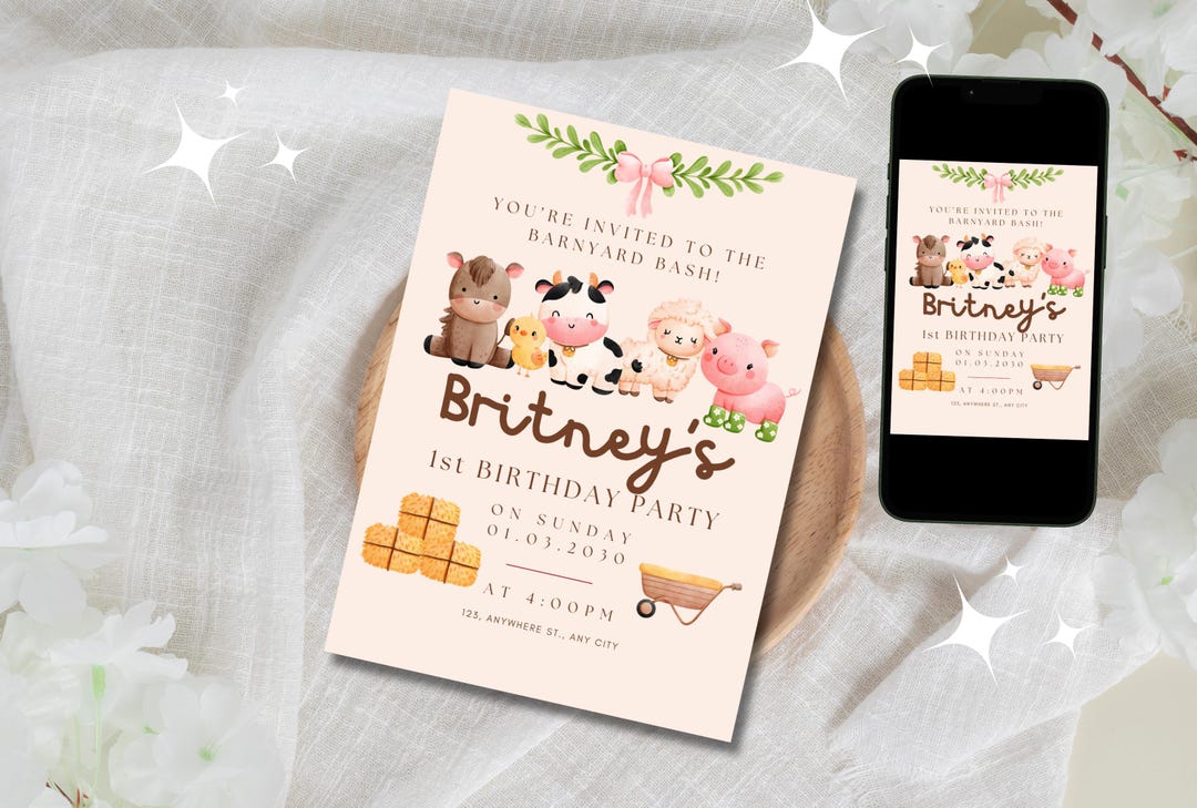 Farm Animal Birthday Invitation | Barnyard Bash 1st Birthday | Editable ...