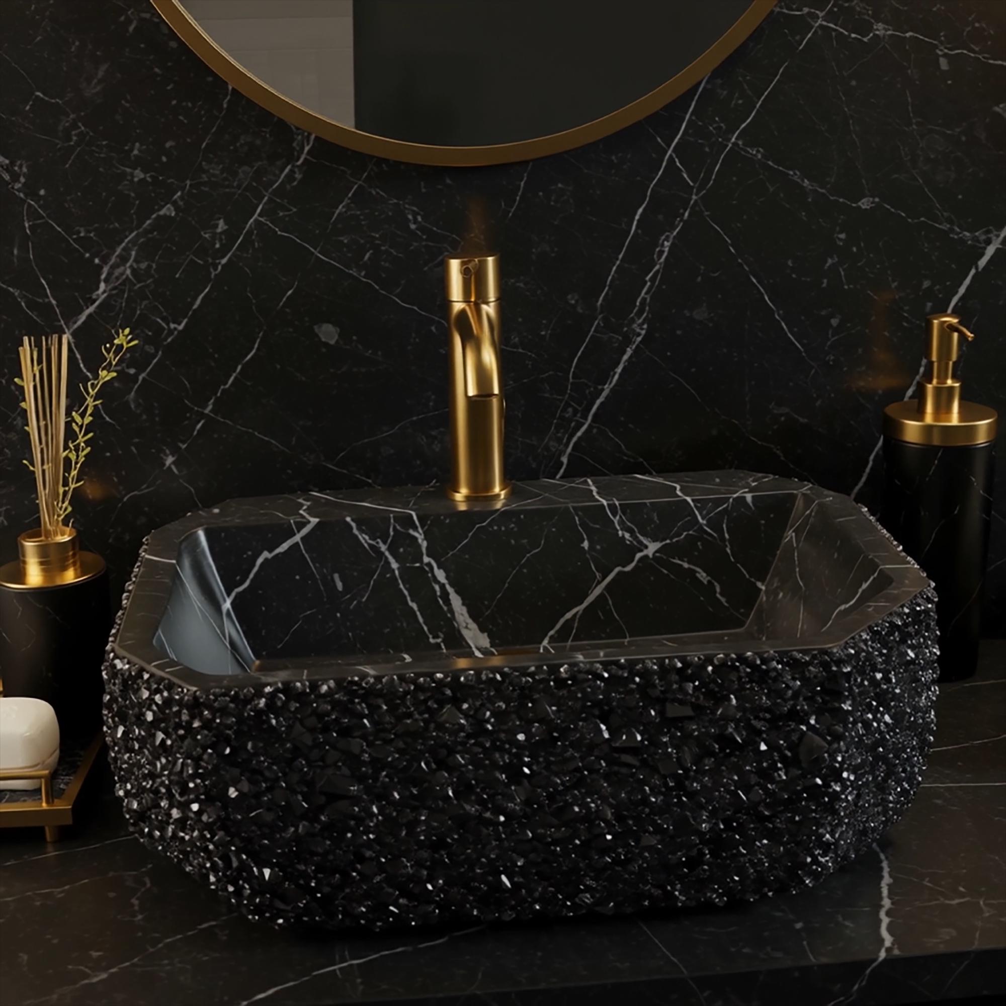 Custom Pietre Notte Marble Sink With Stone Embellished Design – Dark ...