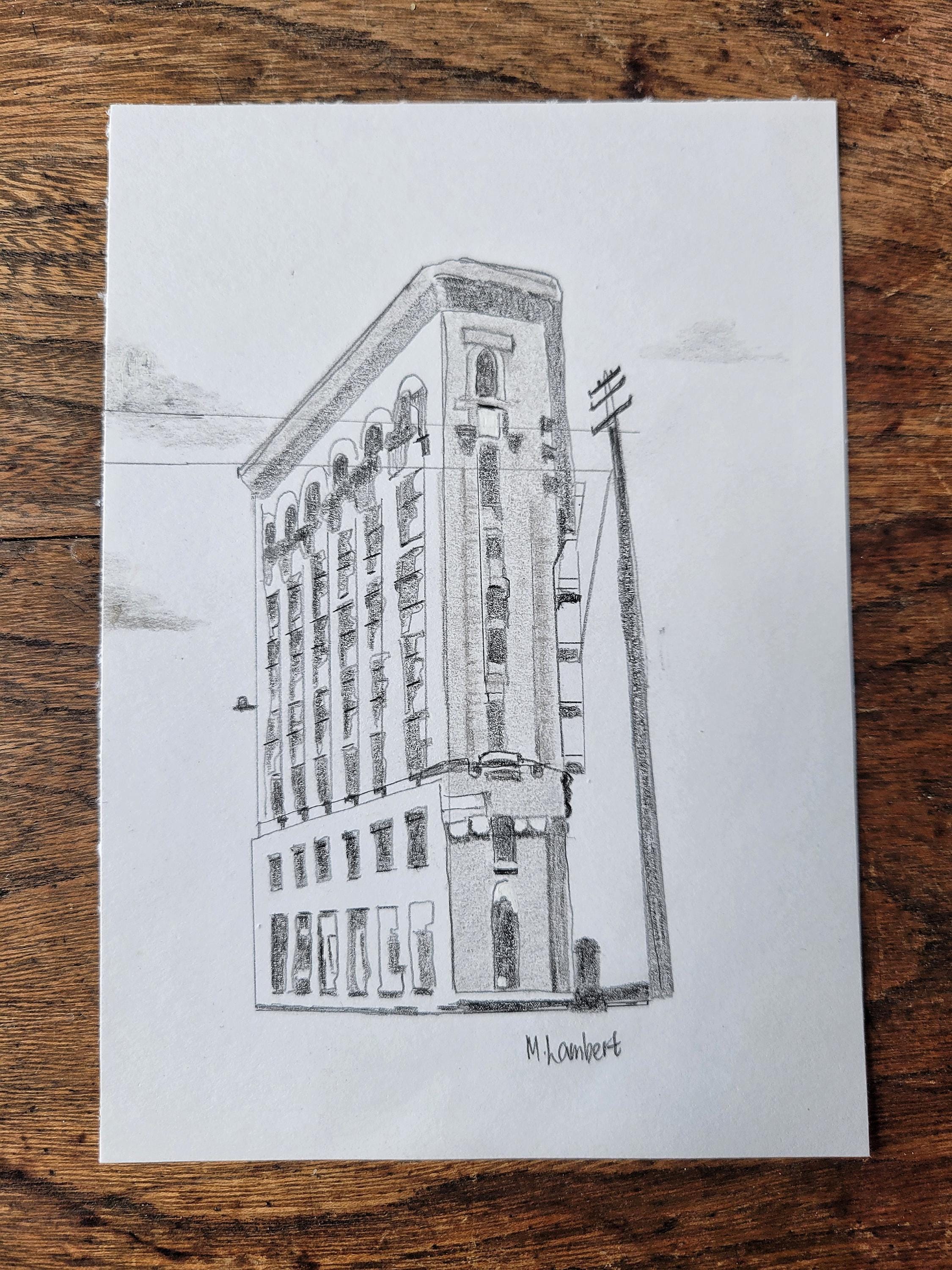 Framed Architectural Building Original Pencil Drawing Flatiron Building ...