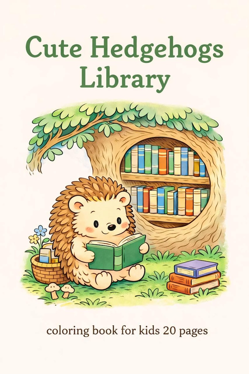 Hedgehogs Library – Cozy Reading Coloring Book for Kids | 20 Printable ...