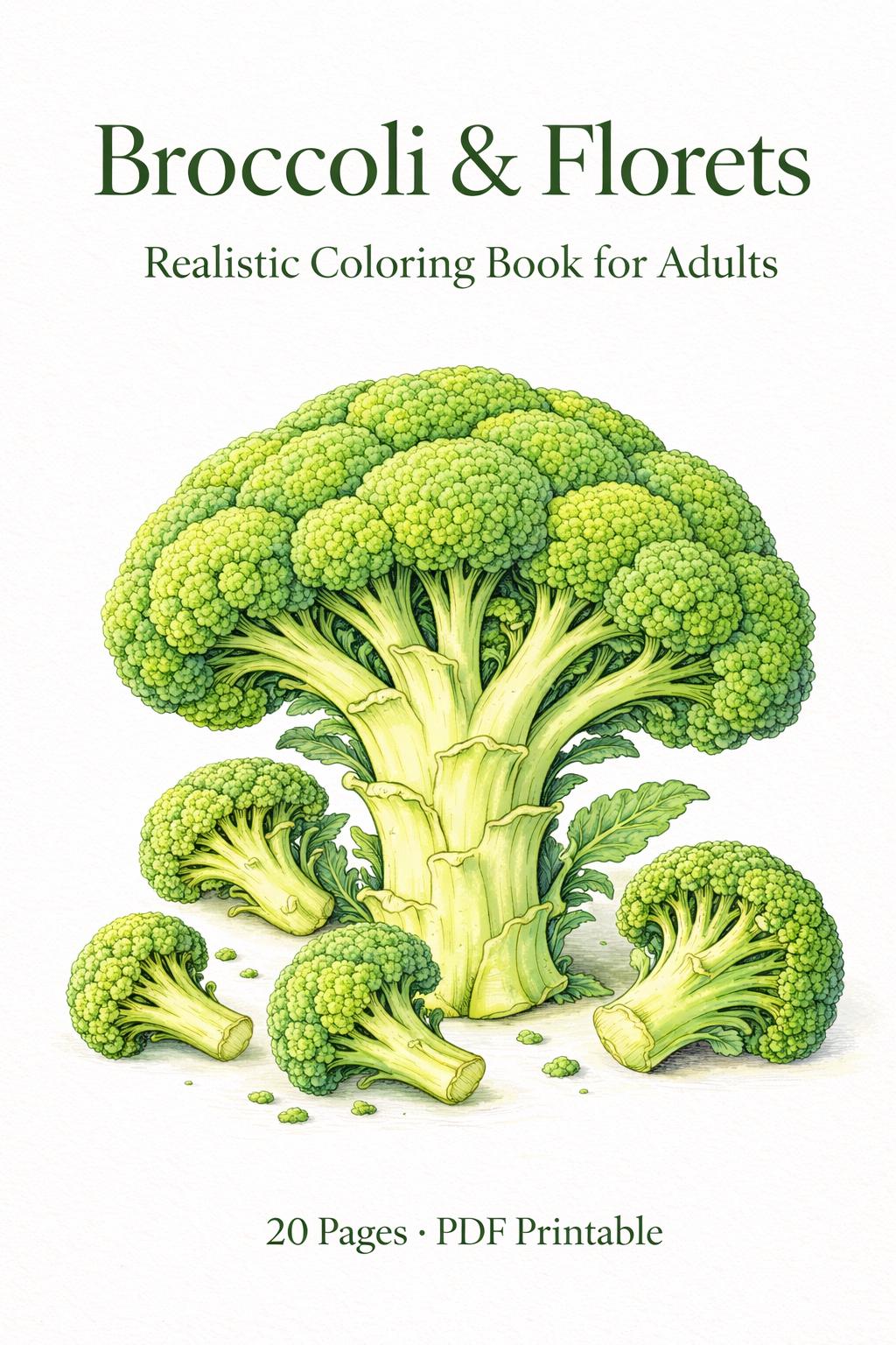 Broccoli & Florets - Realistic Botanical Coloring Book for Adults - 20 ...