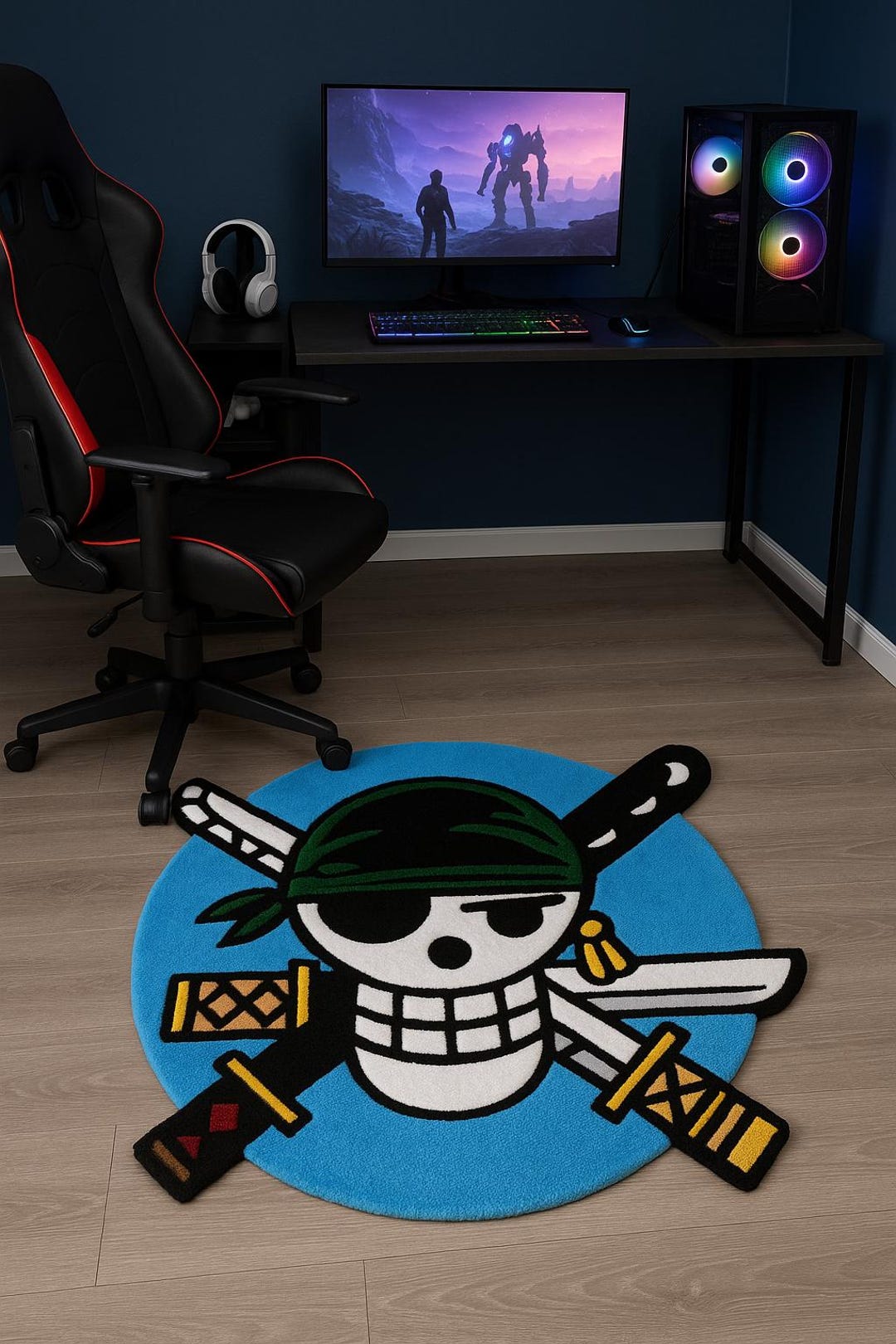 One Piece Zoro Rug | Anime Gaming Room Carpet | Round Pirate Skull Mat ...