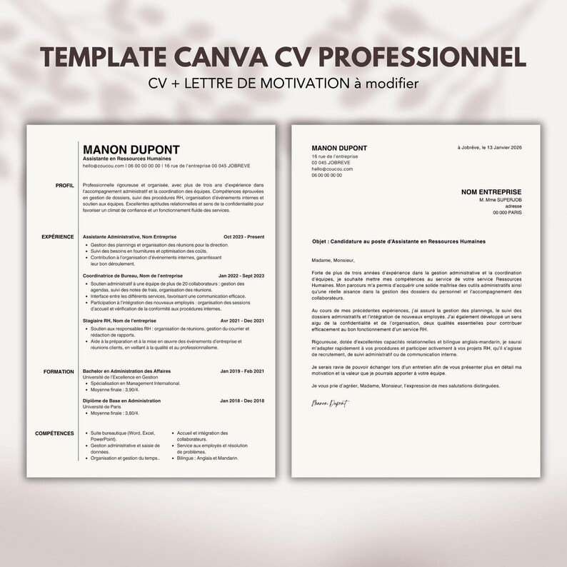 French CV / Cv Template Canva / Cv Canva / CV and Cover Letter Template ...