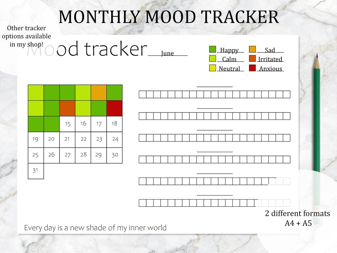 Monthly Mood Tracker, Mood Chart Printable PDF, Circular Linear Designs ...