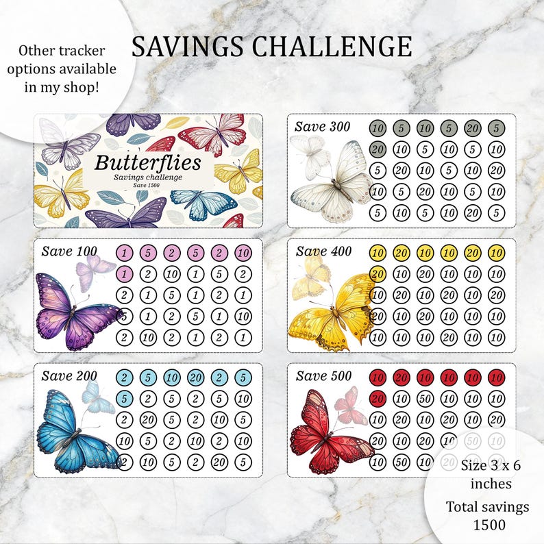 Butterflies Savings Challenge, 6 Money Saving Trackers Printable, Total ...