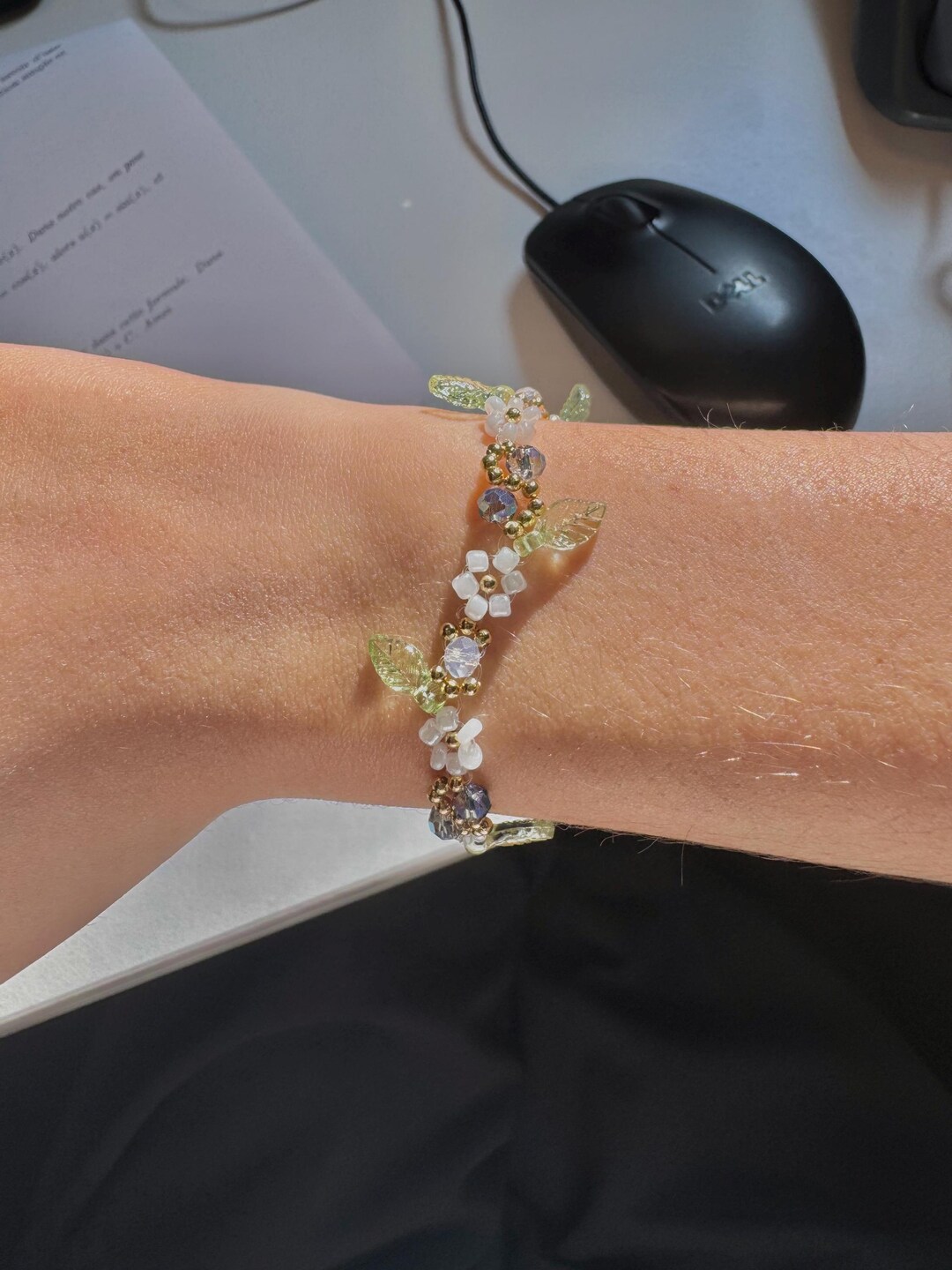 Fairy-tale Gold Bracelet – Crystal Beads, Green Leaves and White ...