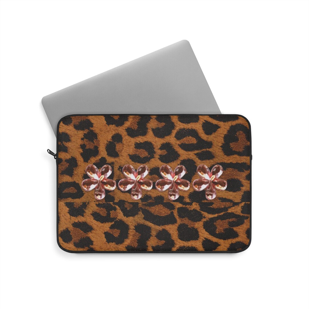 Leopard Print Laptop Sleeve: Floral Accents, Protective Fleece Interior ...