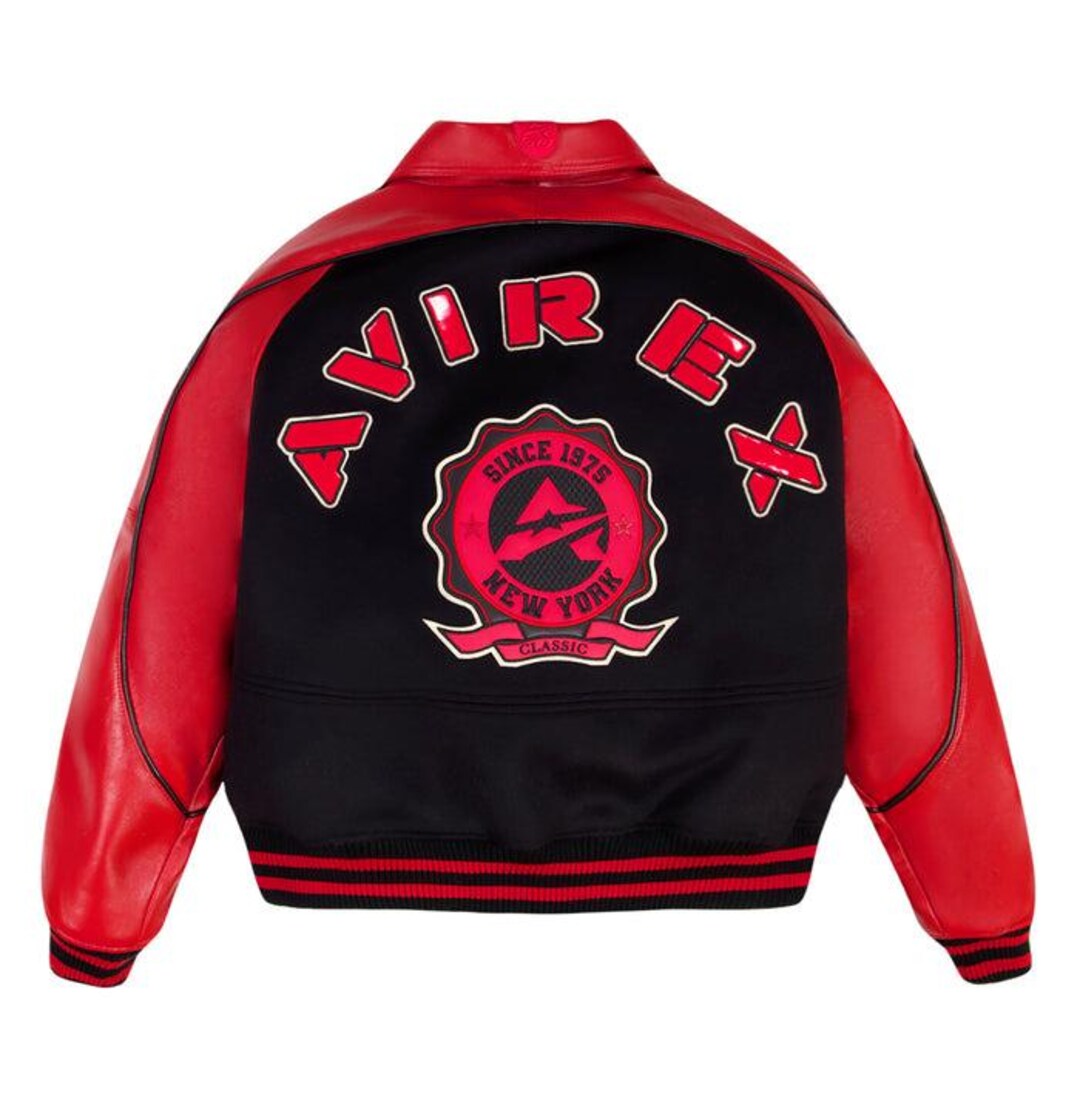 Men's Avirex Red and Black Classic Wool Leather Jacket Varsity Bomber ...