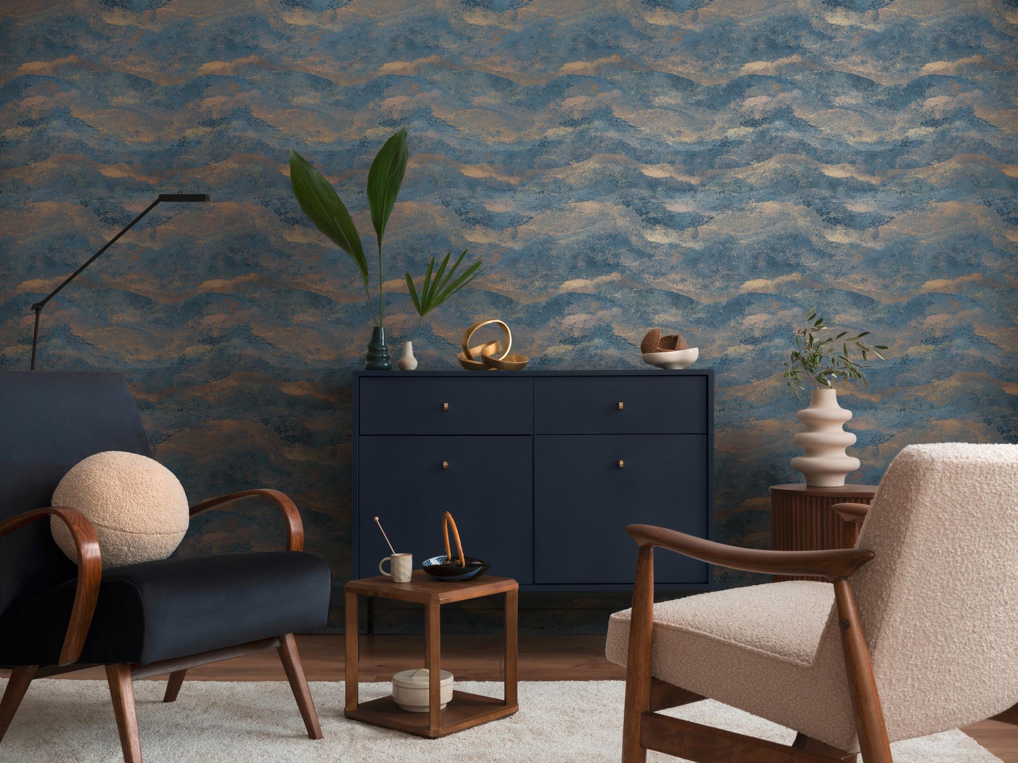 Modern Metallic Gold Navy Blue Wallpaper Cloud Wave Watercolor Textured ...
