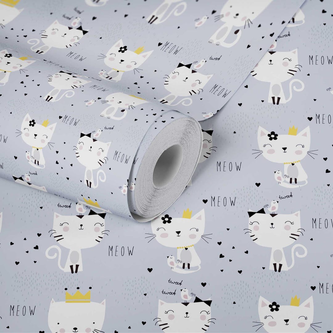 Nursery Whimsical Cat Blue Wallpaper Modern Textured Vinyl Baby Room ...