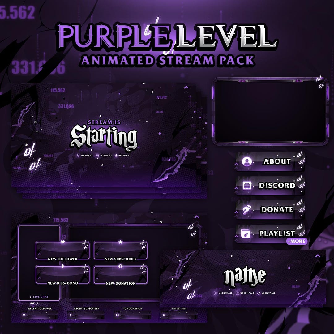 Purple Level Animated Stream Pack, Screens, Facecam, Panels, Alerts ...