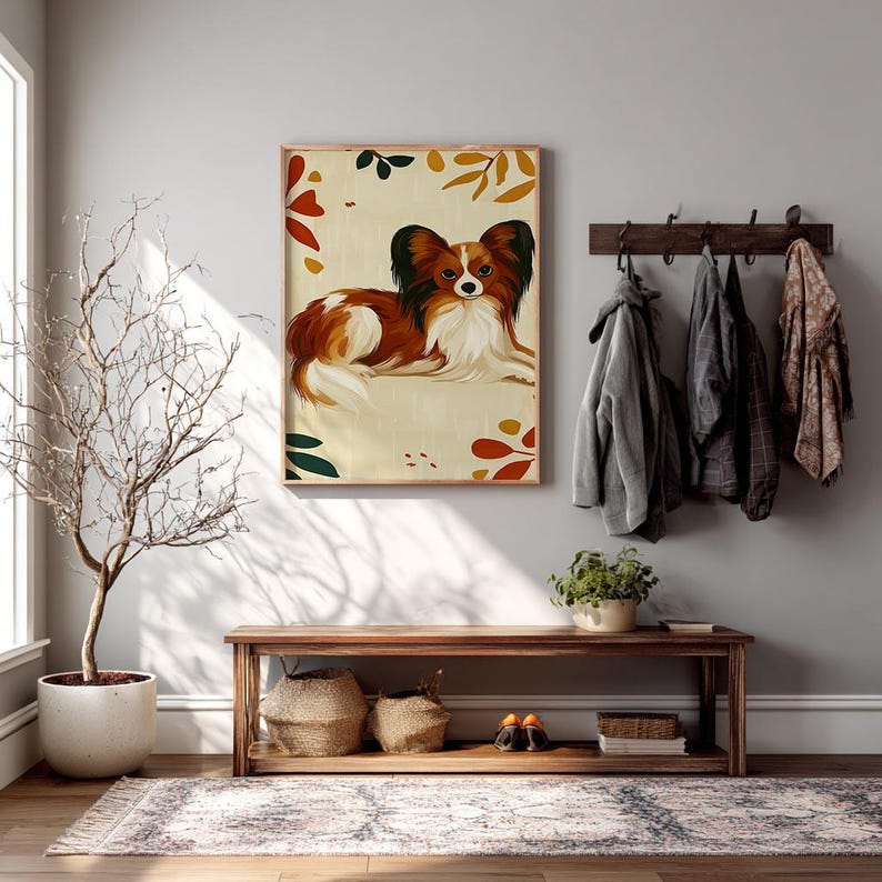 Papillon Dog Wall Art – Modern Folk Pet Illustration for Cozy Neutral ...