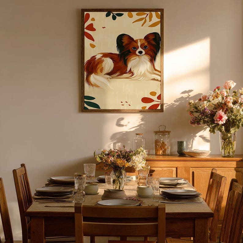 Papillon Dog Wall Art – Modern Folk Pet Illustration for Cozy Neutral ...