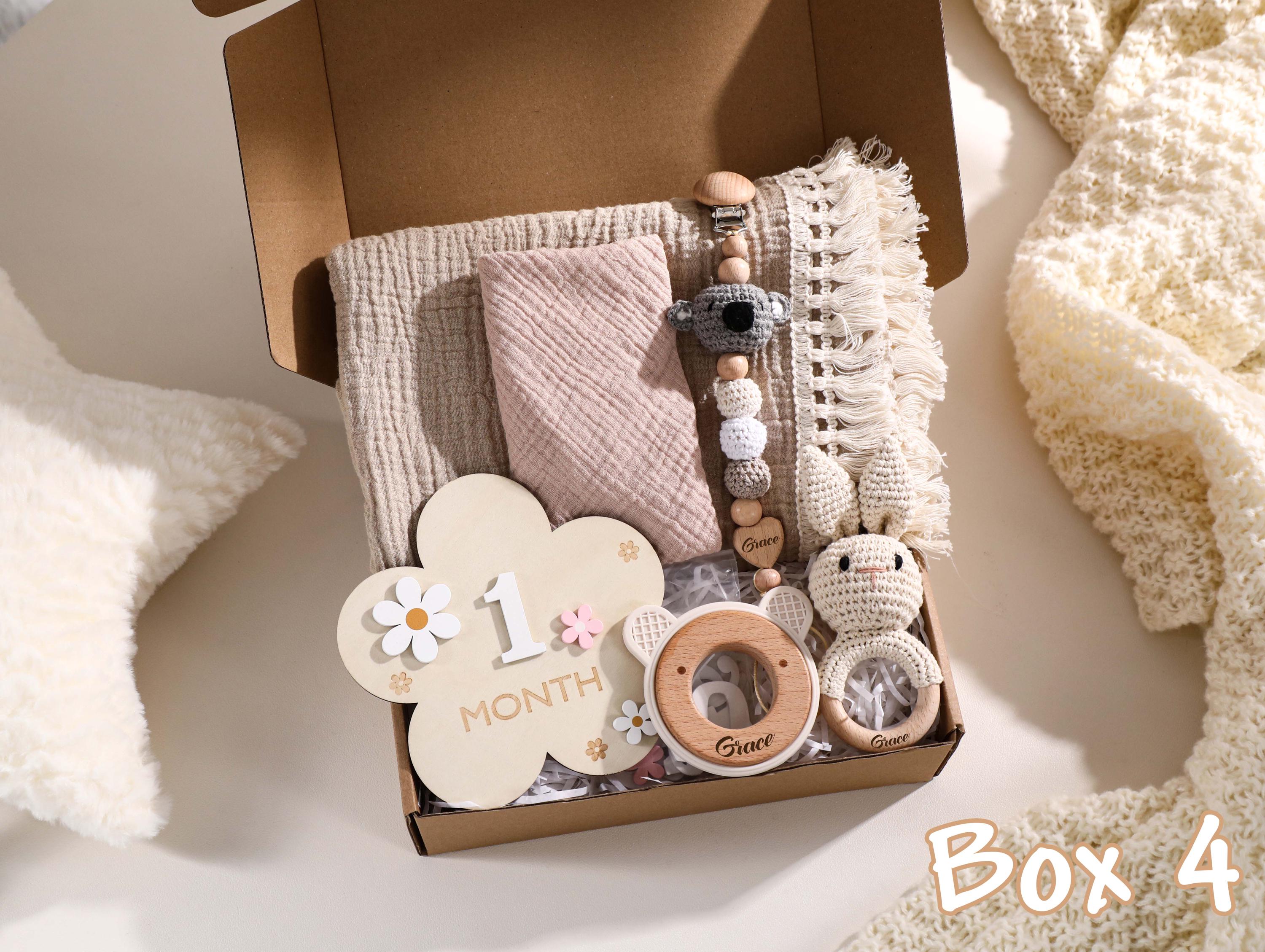 Personalized Newborn Gift Box With Blanket, Crochet Animal Rattle ...