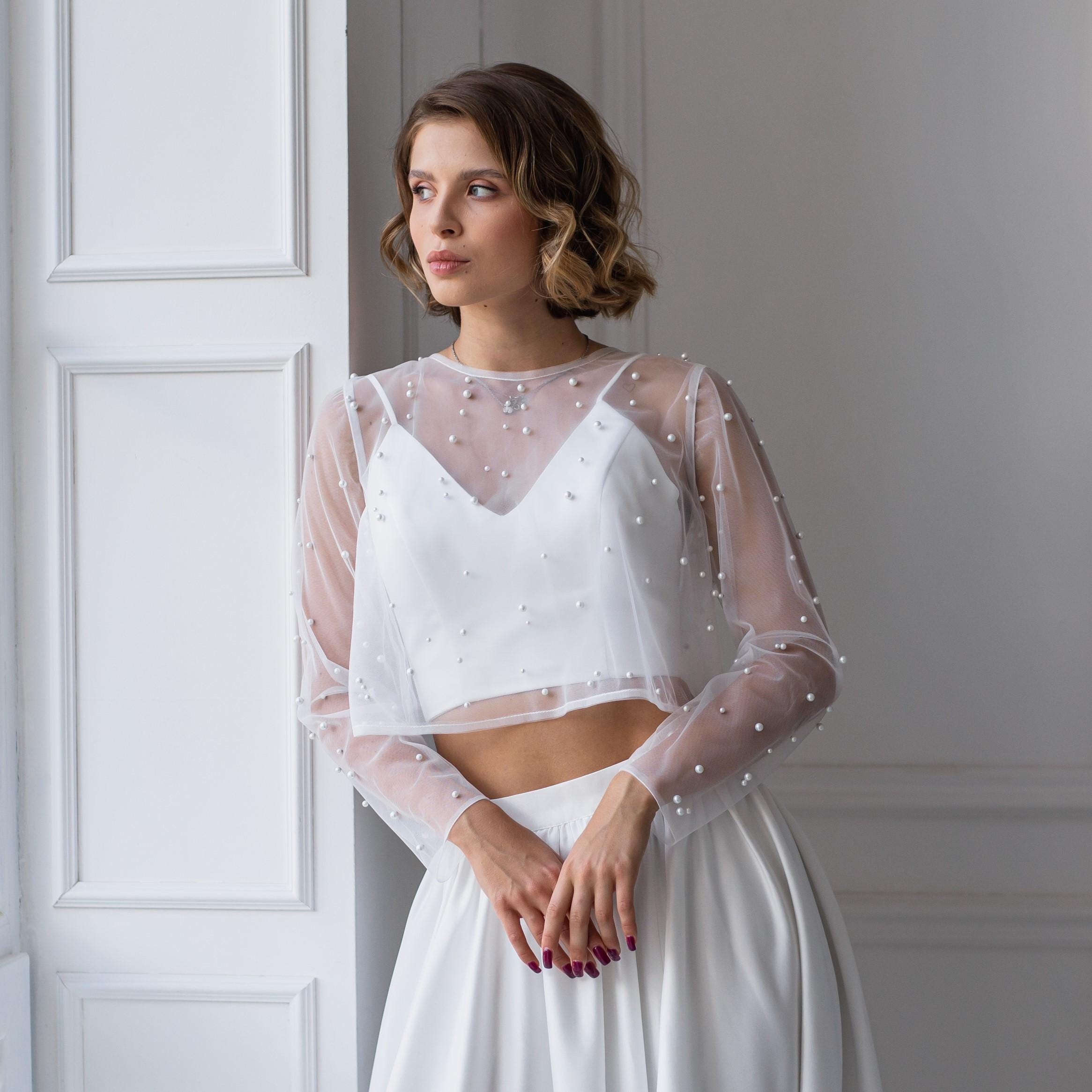 Pearl Wedding Topper, Beaded Wedding Bolero, Bridal Topper With Bow ...