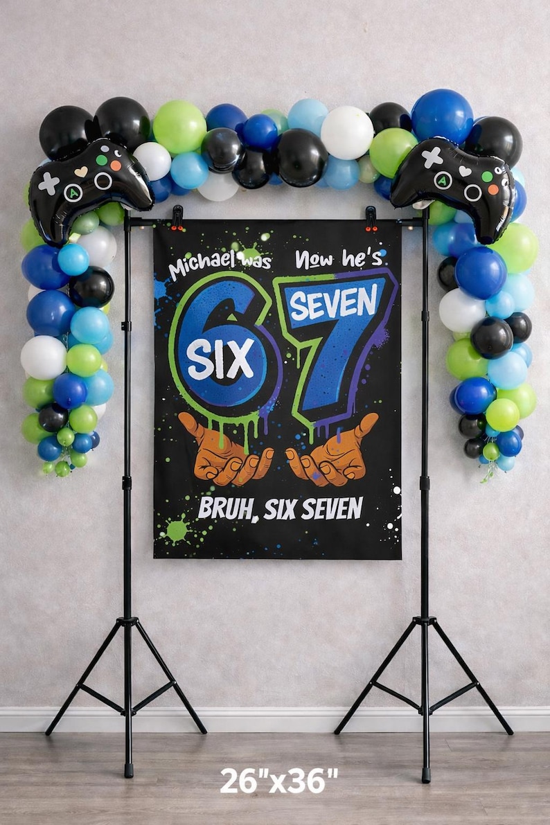 67 Party Decorations, Gamer 7th Birthday Six Seven Banner, Custom Name ...