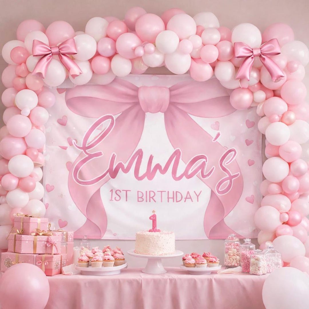 Pink Coquette Bow Party Backdrop, Birthday Banner Decorations Girl ...
