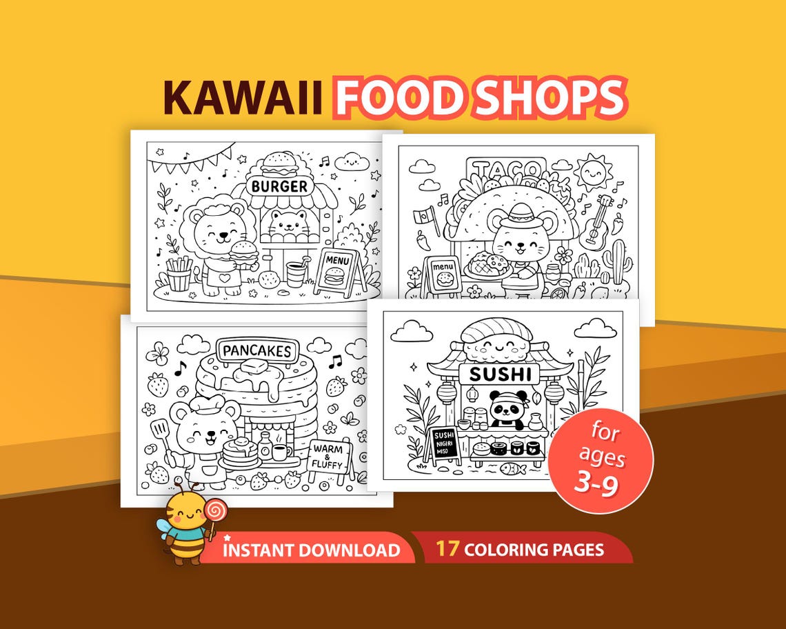 Kawaii Food Shops Coloring Pages | Cute Printable Mini Shops | A4 ...