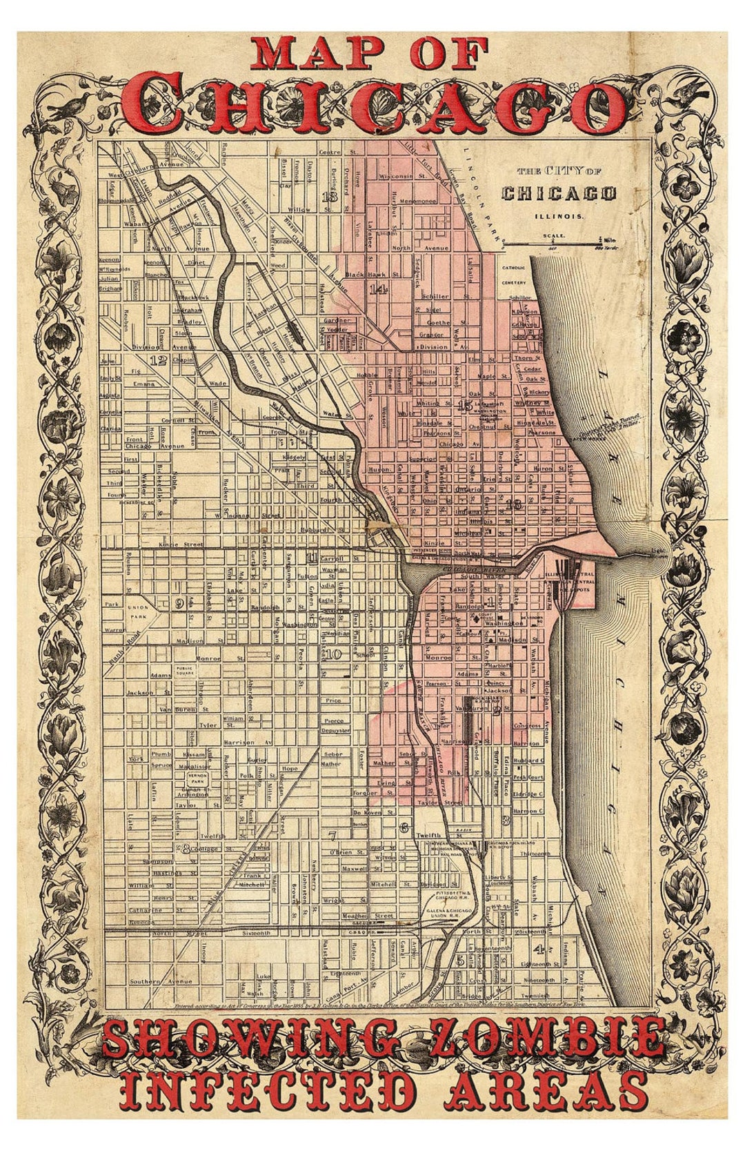 Digital Print, Chicago Art, Zombies, Chicago, Vintage Map, Chicago Map ...