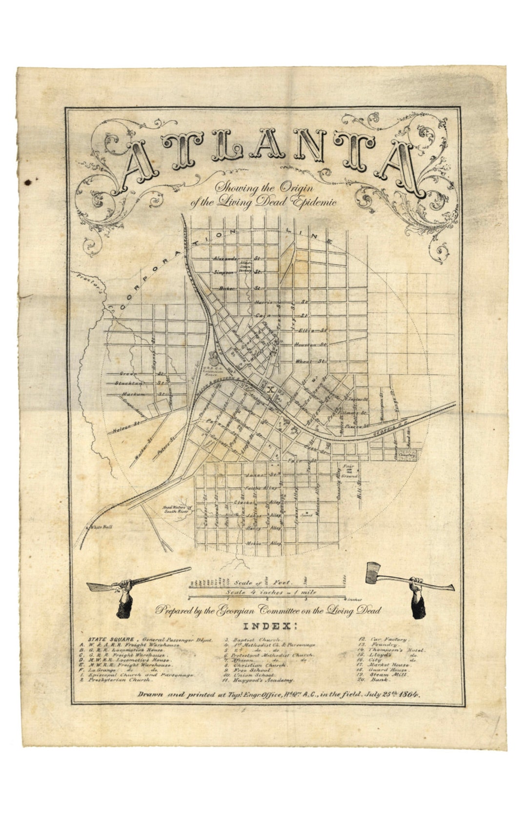 Digital Print, Atlanta Art, Zombie Art, Vintage Map, Atlanta Map ...