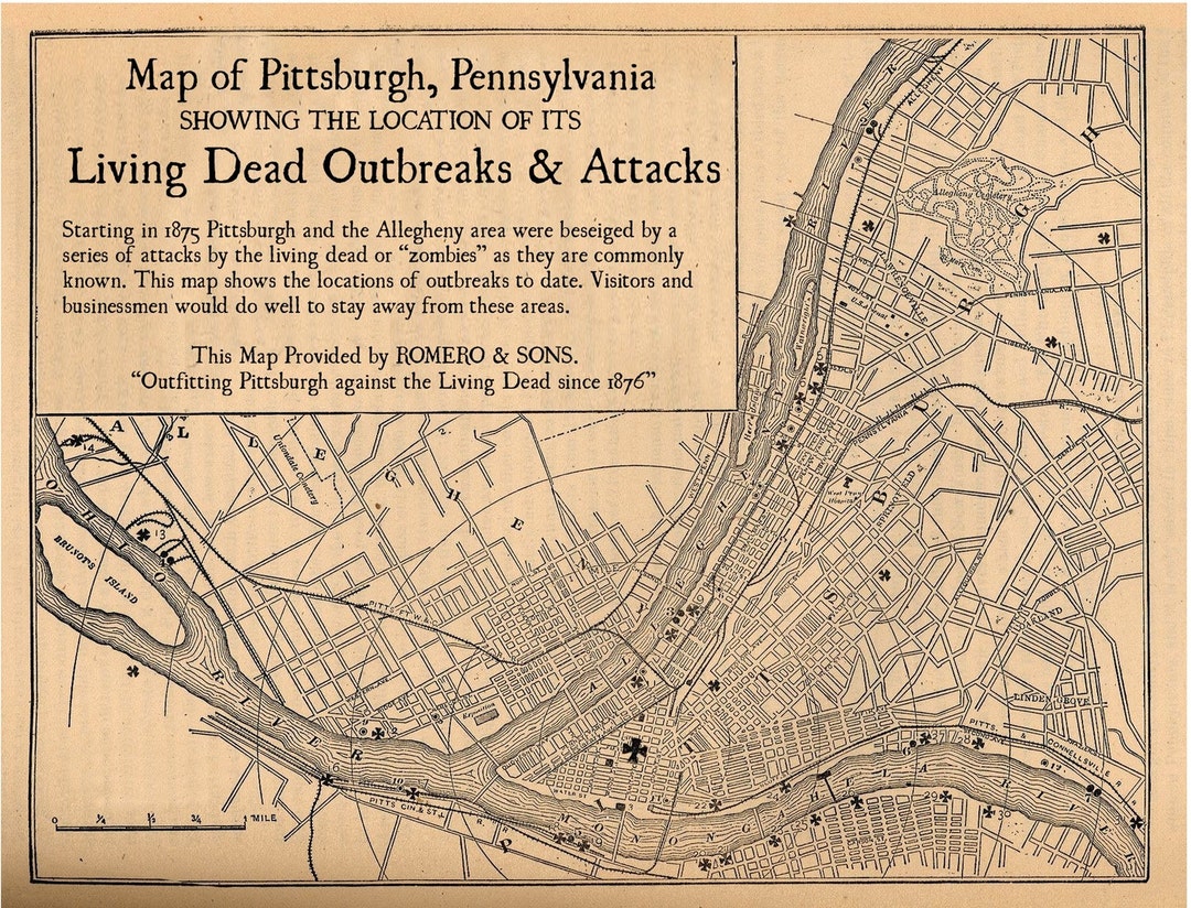 Pittsburgh Map Zombie Art Digital Print Vintage Map Night of the Living ...
