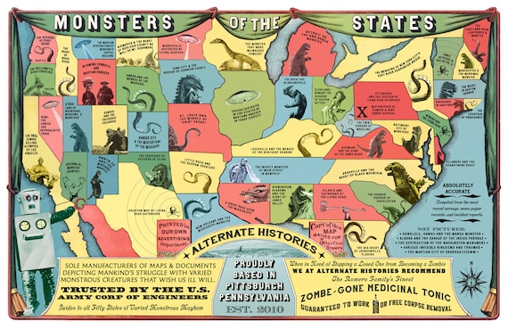 United States Map Digital Print Monster Art United States | Etsy