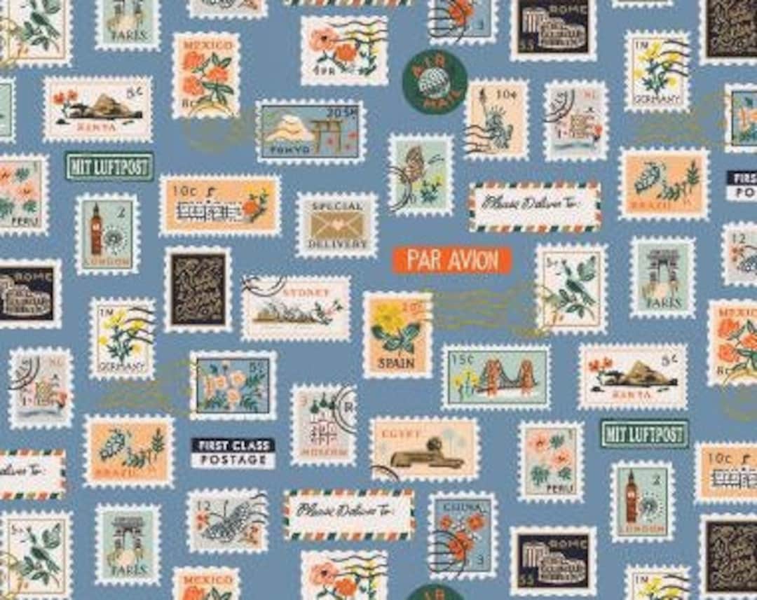 NEW Postage Stamps Blue Metallic Fabric, RP802-BL3M Cotton+steel Rifle ...