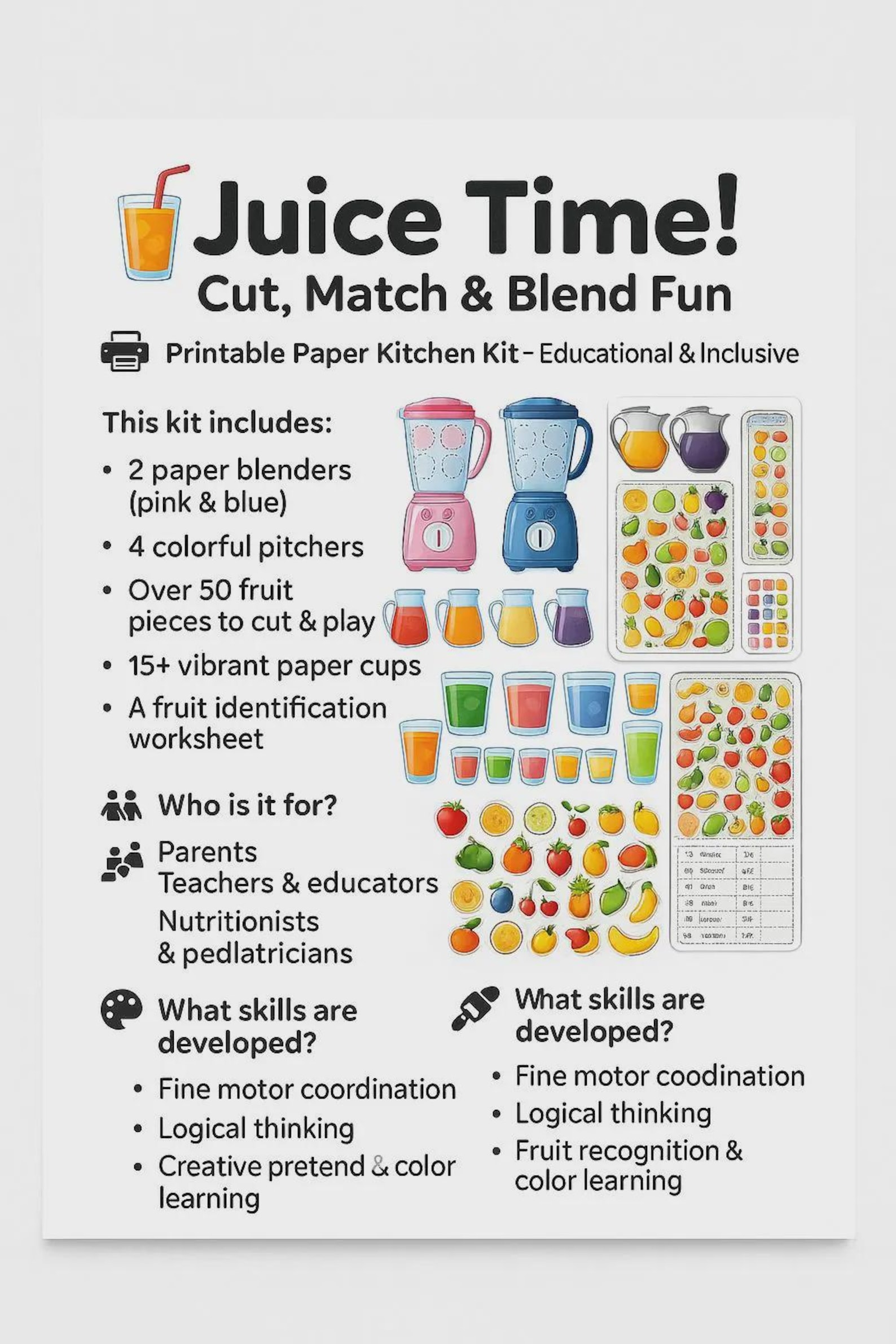 Juice Time! Printable Activity Kit: Cut, Match & Blend Fun - Etsy