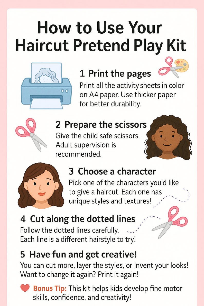 Hair Salon Pretend Play Kit: Kids' Scissor Skills Activity (PDF + Bonus ...