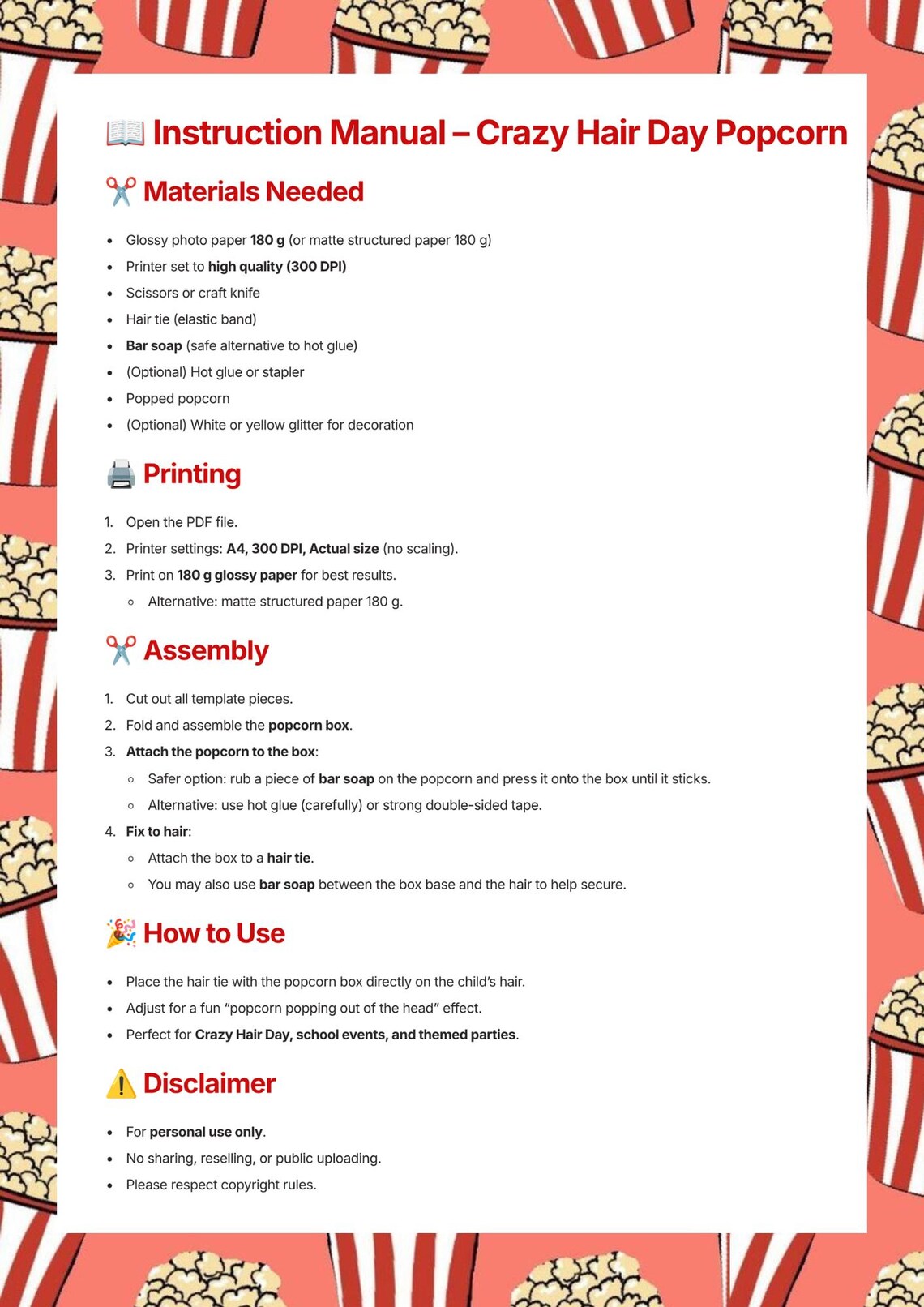 Popcorn Hair Day Printable – DIY Costume Prop (PDF Download) - Etsy UK