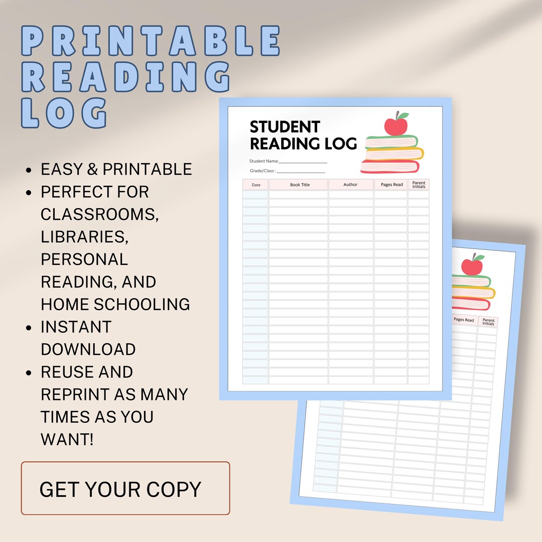 Printable Student Reading Log: Classroom Homework Tracker (PDF Download ...