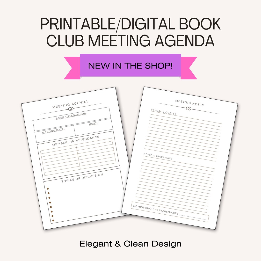 Book Club Meeting Agenda Printable | PDF Template for Reading Groups ...