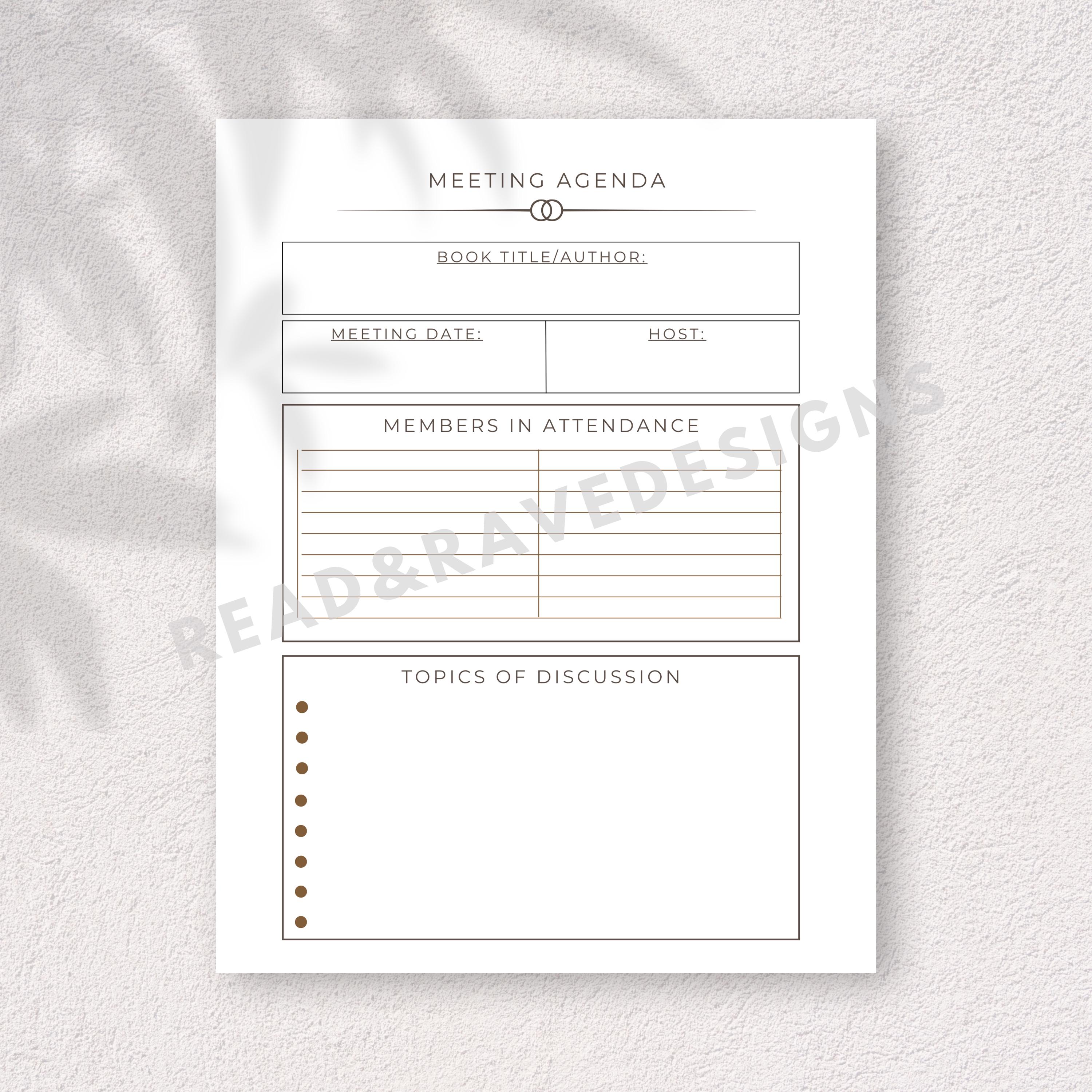 Book Club Meeting Agenda Printable | PDF Template for Reading Groups ...