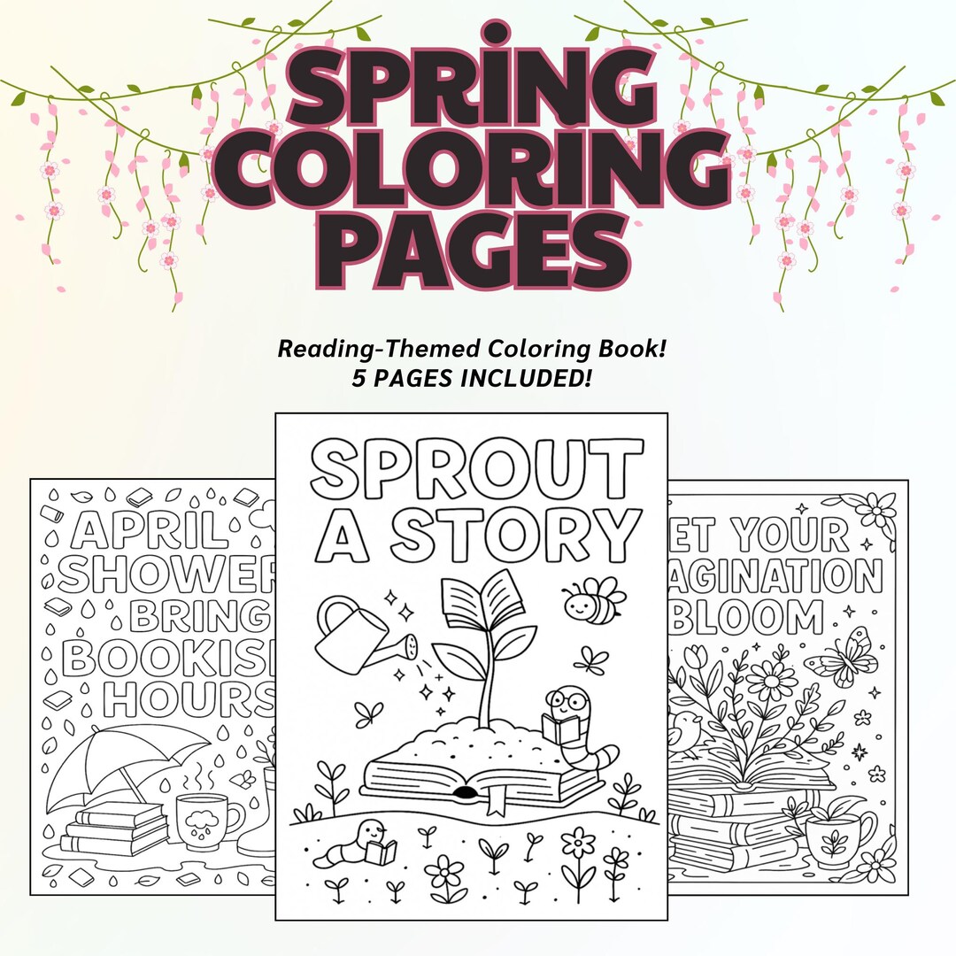 Bookish Spring Coloring Pages | 5 Printable Reading-themed Coloring ...