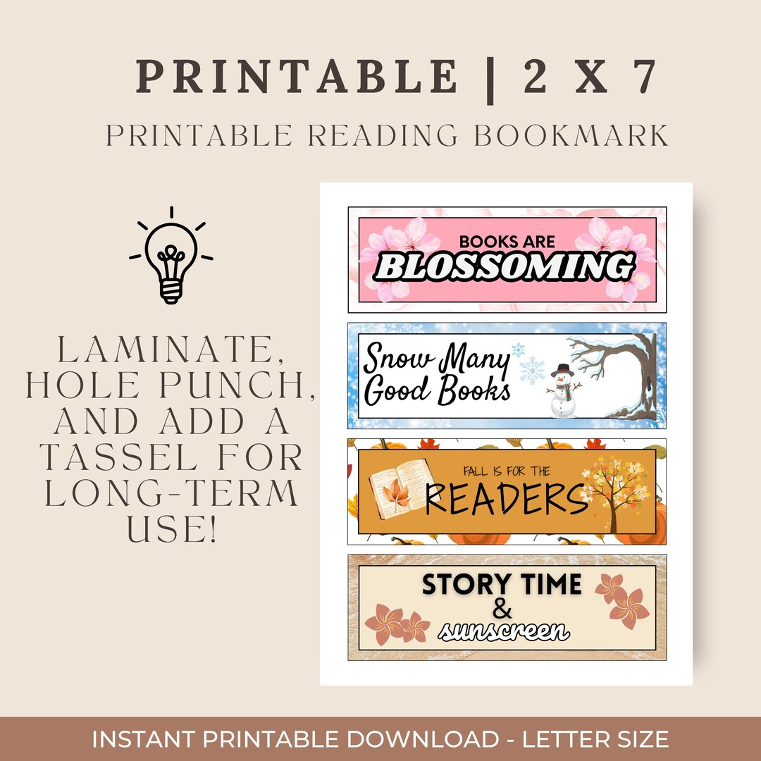 Seasonal Bookmarks Printable Set: Book Lover Gift (digital Download PDF ...