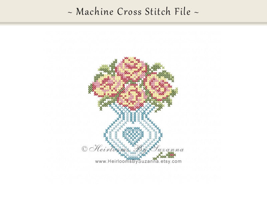 Floral Cross Stitch for Machine Embroidery - Roses in Vase - Original ...