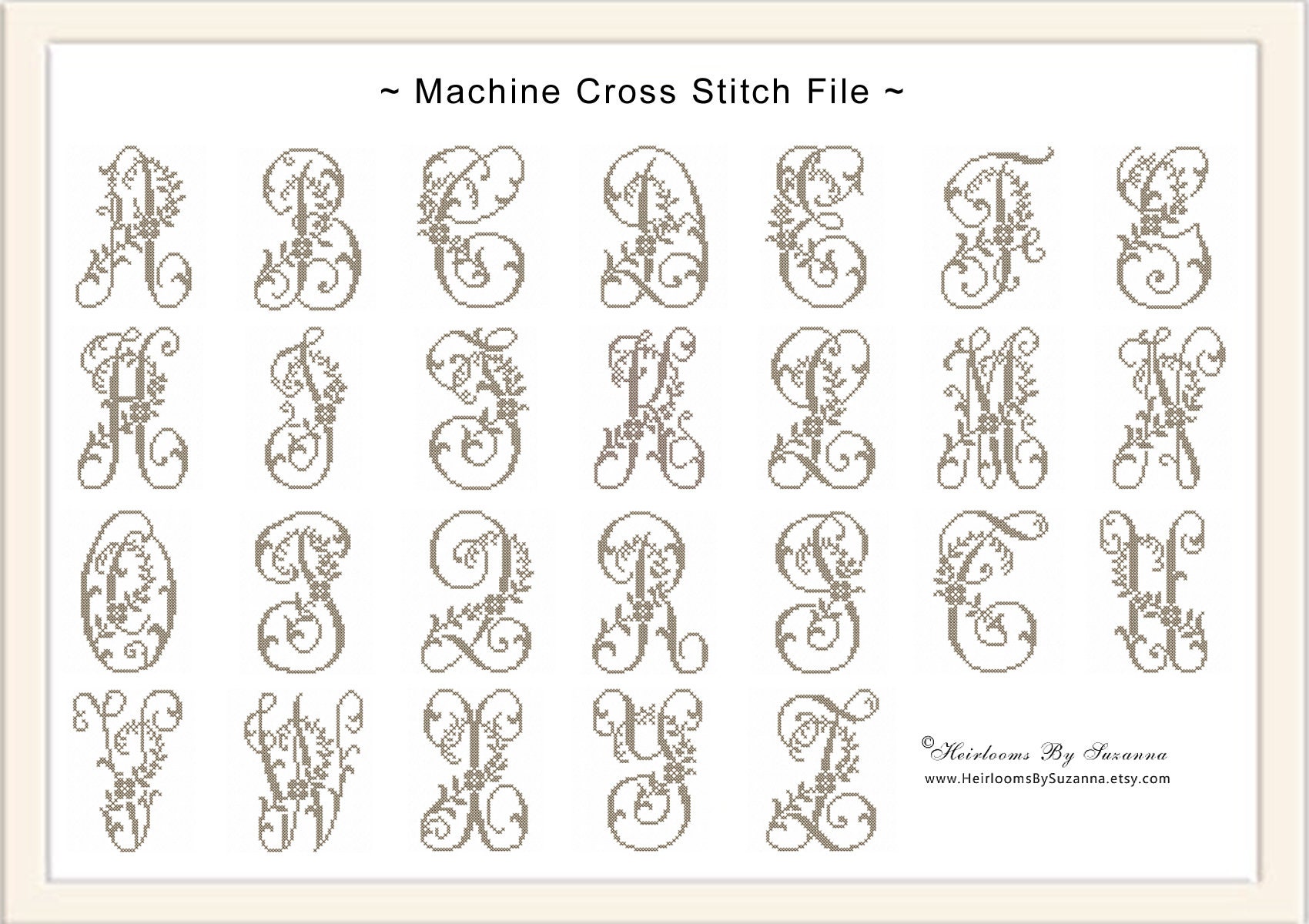 Large Floral Script Monogram Set, Machine Cross Stitch Initial, Floral ...