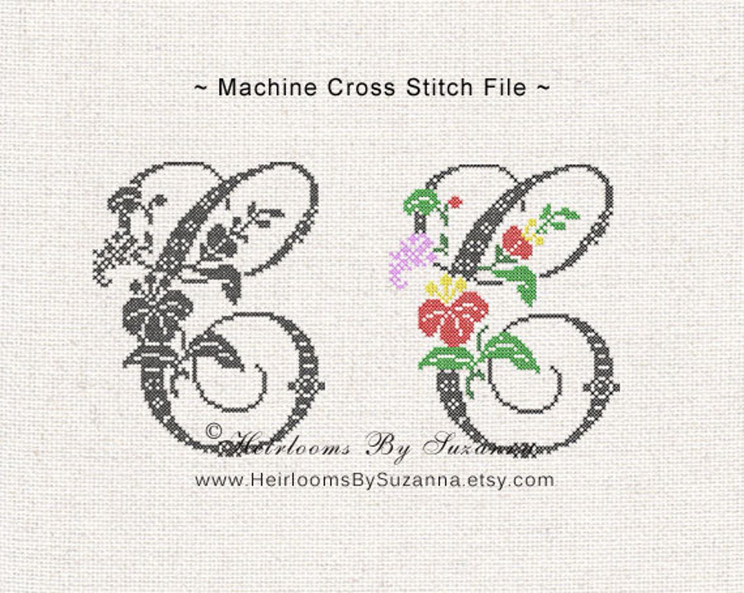 Large Antique Floral Monogram Machine Cross Stitch Embroidery Tropical ...