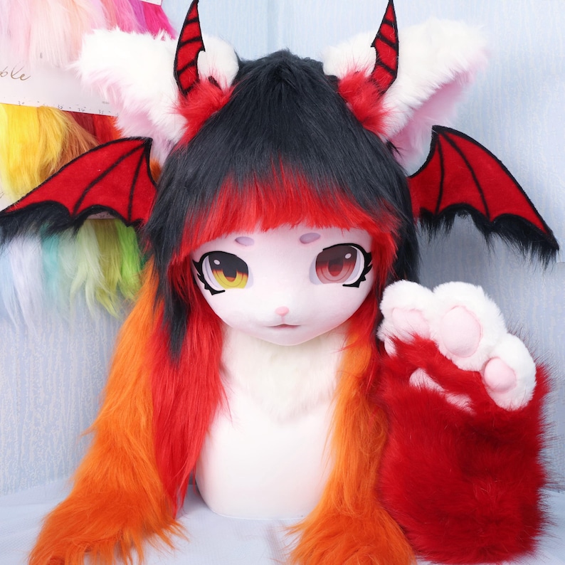 Gothic Demon Cat Fursuit Head and Paw Gloves Handmade Red Black Orange ...