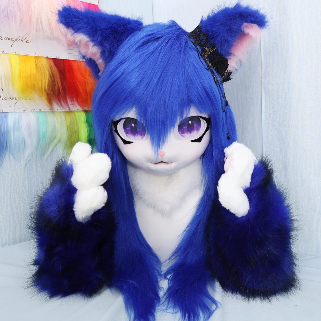Royal Blue Cat Fursuit Head Long Braids Black Lace Rose Ear Handmade ...