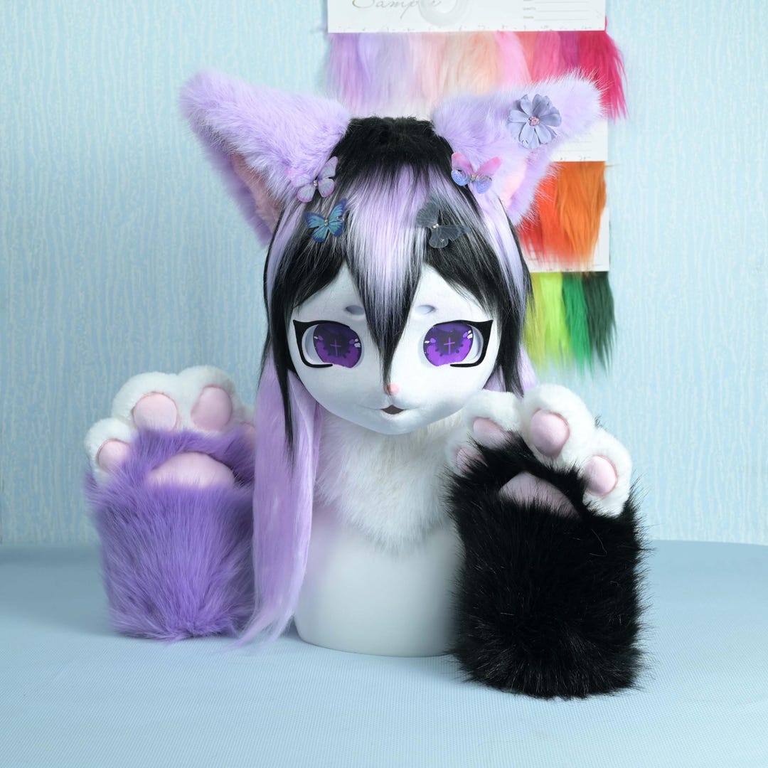 Black Purple Cat Fursuit Head Purple Eyes Furry Cosplay Mask Cat ...