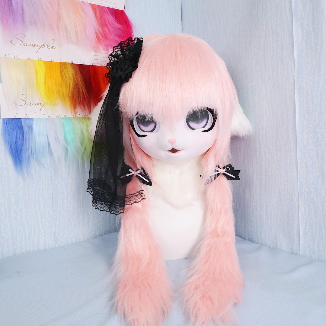 Pink Furry Ram Fursuit Head Spiral Eyes Cosplay Lolita Sweet Kawaii ...