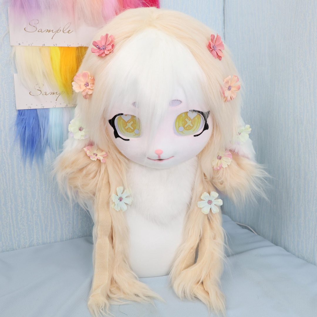 Tea White Bunny Fursuit Head Floral Hair Clips Yellow Anime Eyes Camel ...