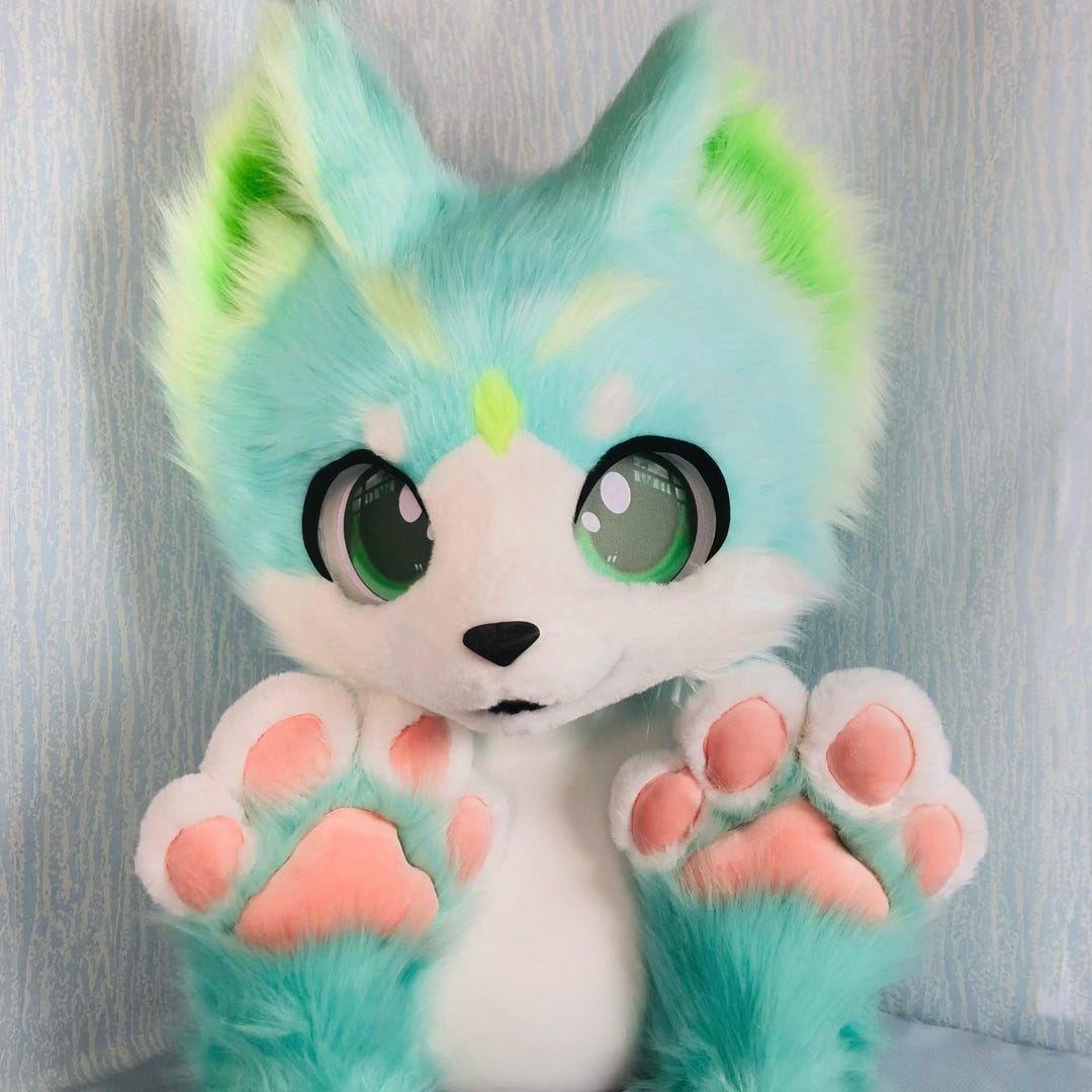 Green Fox Fursuit Head With Matching Paws and Hair Accessories Fluffy ...