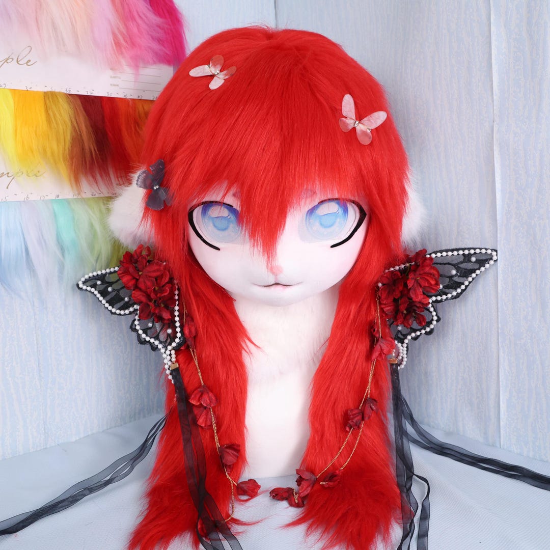 Red Furry Ram Fursuit Head Blue Gradient Eyes Cosplay Lolita Cute ...