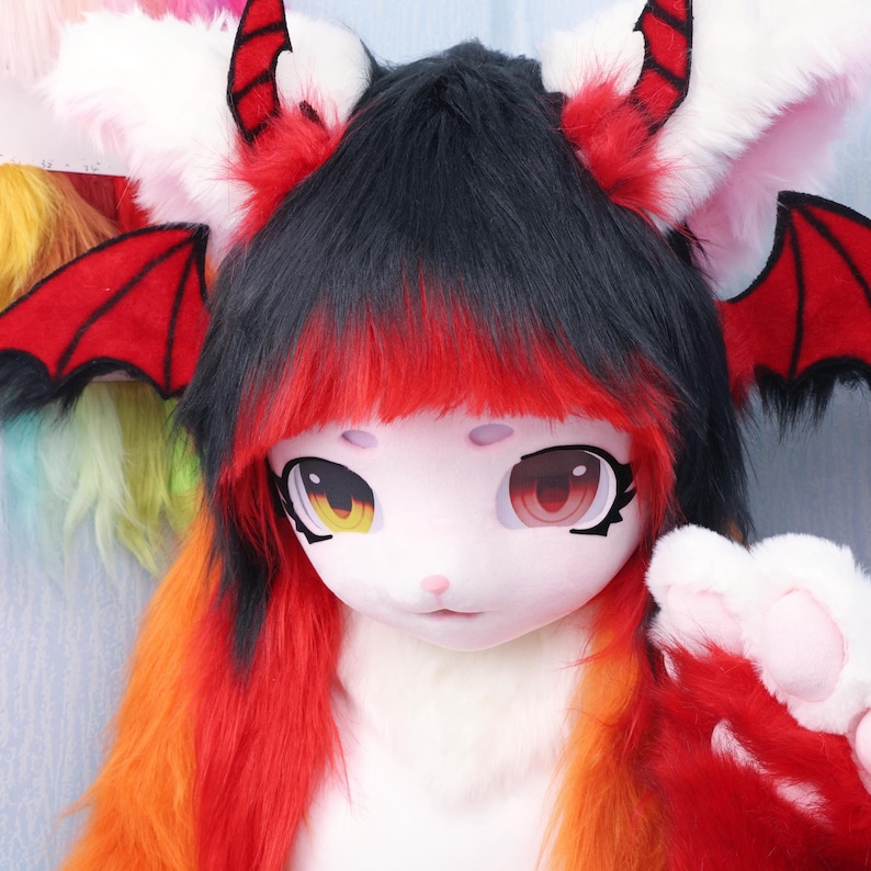 Gothic Demon Cat Fursuit Head and Paw Gloves Handmade Red Black Orange ...