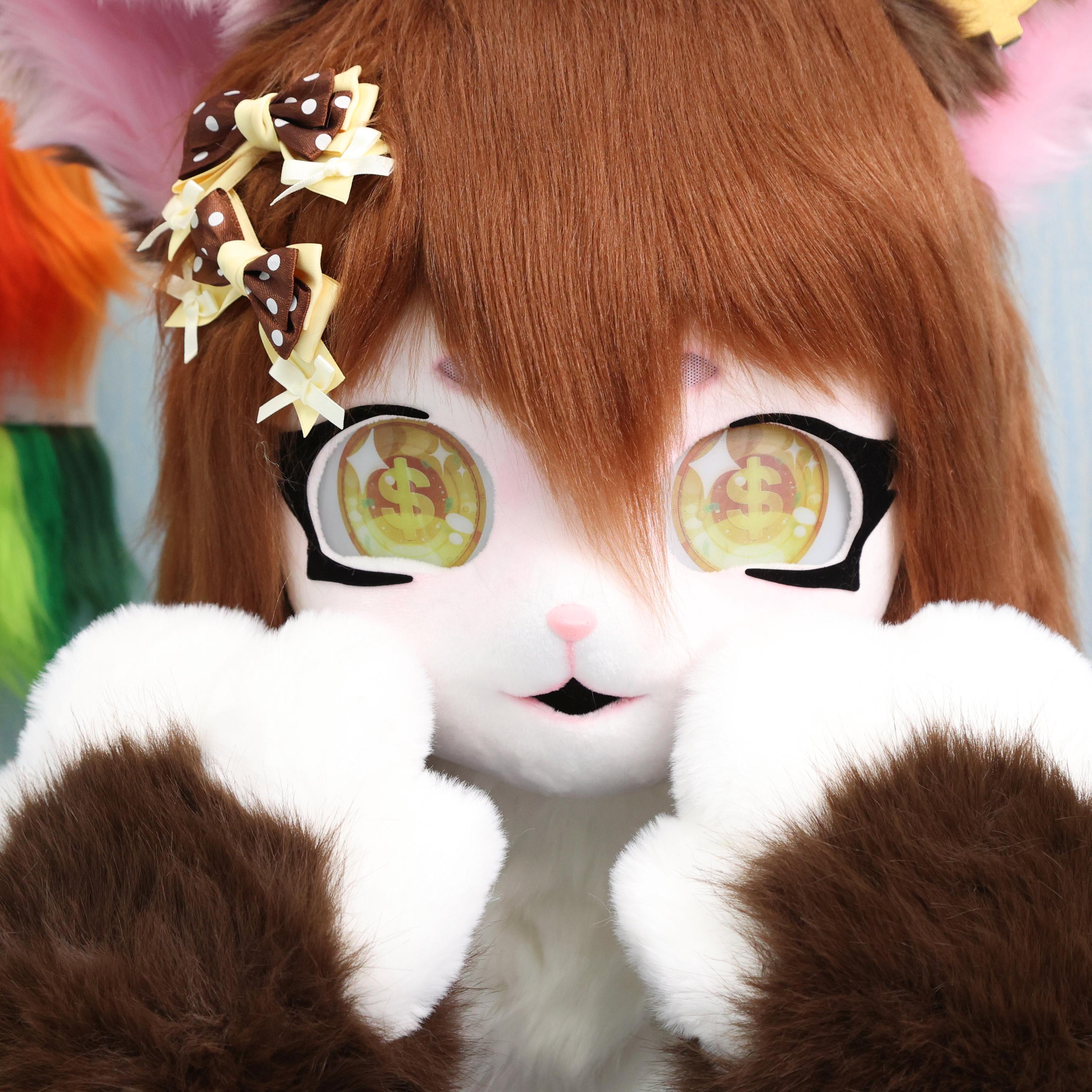Deluxe Brown Fox Fursuit Head With Dollar Sign Ears Gold Eyes Long Hair ...